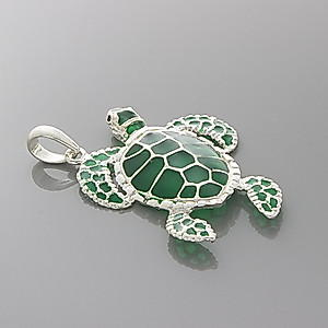 Million Charms 925 Sterling Silver Sea Turtle Charm Necklace Pendant with Chain, Green Stained Glass Enamel