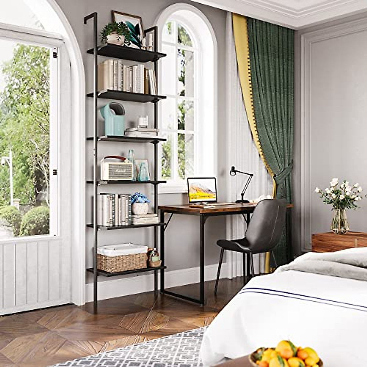 ODK 6-Tier Ladder Shelf, 87 Inches Wall Mounted Ladder Bookshelf with Metal Frame, Open Industrial Shelves for Home Office, Bedroom and Living Room, Black