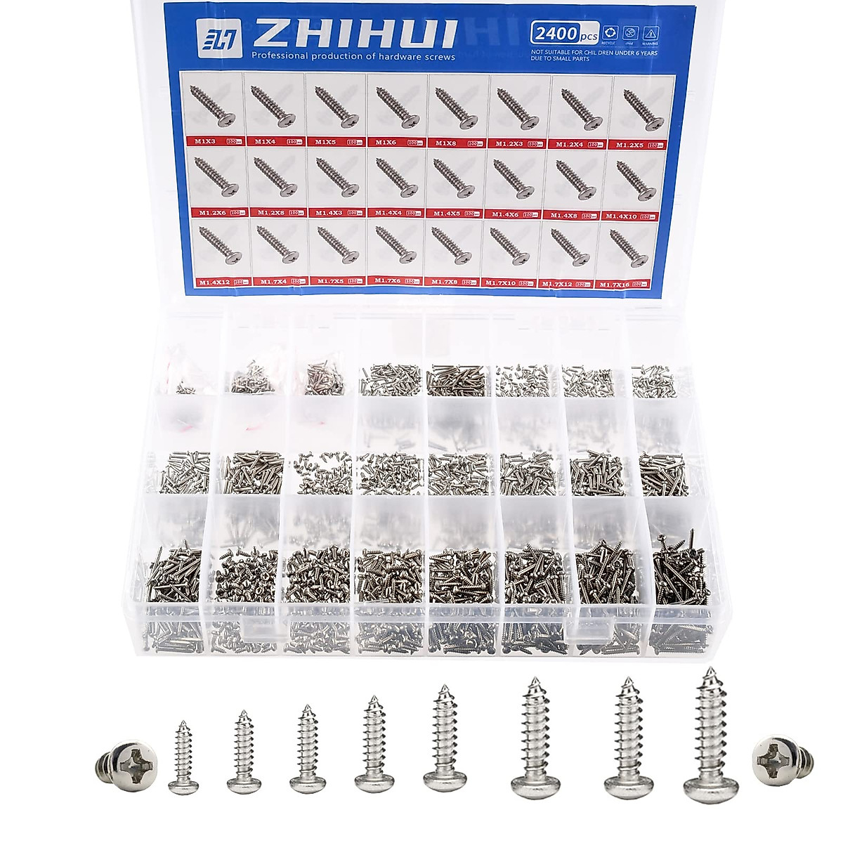 ZHIHUI Pan Head Self Tapping Screw Small Phillips Cross Recessed Round Head Wood Bolt Assortment Kit 304 Stainless Steel M1 M1.2 M1.4 M1.7