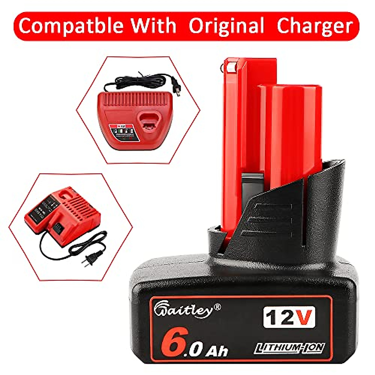 waitley 12V 6Ah Replacement Battery Compatible with Milwaukee M12 6.0Ah Lithium-ion Battery 48-11-2411 48-11-2440 48-11-2402 Tools