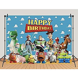 7x5ft Toy Story Theme Happy Birthday Party Photography Backdrops Blue Sky White Clouds Indoor Banner Kids Birthday Party Photo Background Cake Table Decoration Supplies Studio Booth Props