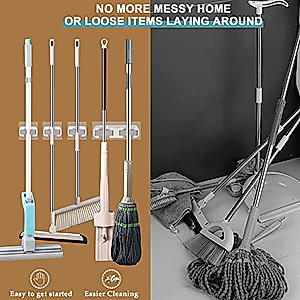 Arrozon Broom Holder Wall Mount,4 Pcs Mop and Broom Organizer Wall Mounted Self Adhesive Heavy Duty Broom Hanger and Mop Grippers for Kitchen, Bathroom, Closet, Garden Garage (White)