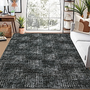 ROYHOME 8x10 Area Rug Machine Washable Rug for Living Room Plaid Checkered Indoor Accent Rug Stain Resistant Non-Slip Modern Abstract Aesthetic Floor Cover Carpet for Home Decor, Dark Grey