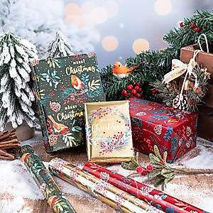 WRAPAHOLIC Christmas Wrapping Paper Roll - Mini Roll - 3 Rolls - 17 Inch x 120 Inch Per Roll - Bird, Christmas Garland, Holly and Pinecones Holiday Design with Metallic Foil Shine