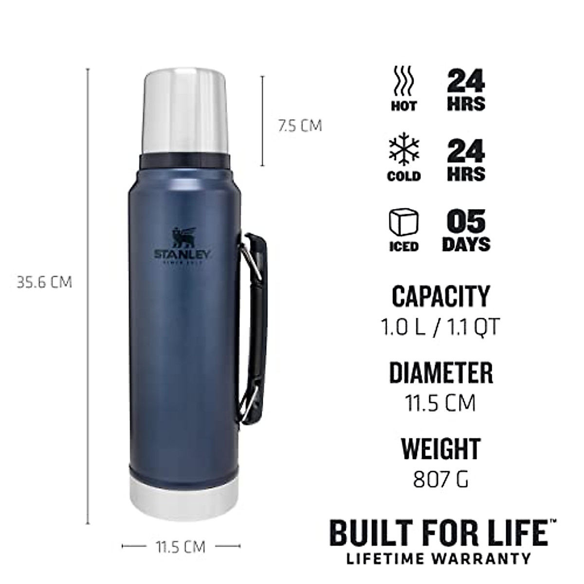 Stanley Classic Legendary Bottle BPA Stainless Steel Thermos - Keeps Cold or Hot for 24 Hours Leakproof Lid Doubles as Cup-Dishwasher Safe, Nightfall, 1.0 L