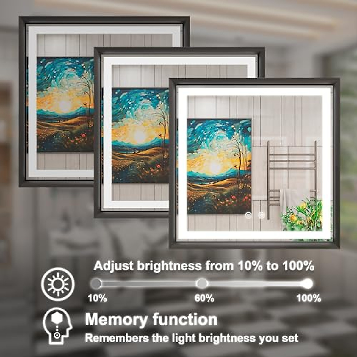 JSneijder 32x32 Inch LED Bathroom Mirror with Lights - Black Frame Lighted Mirror for Bathroom - Wall Mounted Dimmable Anti-Fog LED Vanity Mirror - Horizontal/Vertical, 6000K