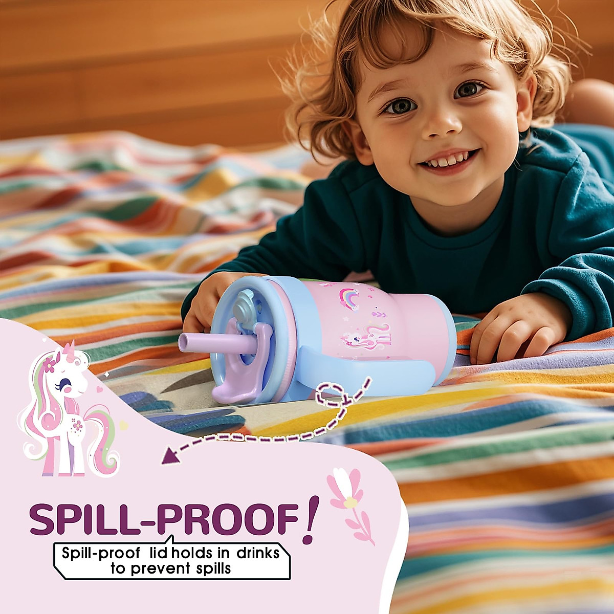 KXIAOCHEN 14 oz Kids Tumbler with Handle for Leakproof Insulated Stainless Steel Reusable Tumbler for Toddlers, Keeps Drinks Cold up to 24 Hrs, Pink Unicorn