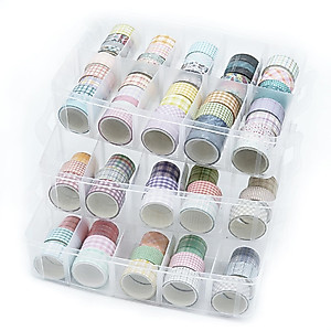 Homsewit Adjustable Washi Tape Box, Stackable Craft Storage, with 30 Compartments, Arts and Craft, Ribbons Finger Safty Dispenser (Transparent)