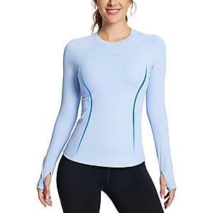 BALEAF Women's Long Sleeve Workout Tops Compression Running Shirts Fitted Athletic Warm Thumbholes Quick Dry Stretch Yoga Blue L