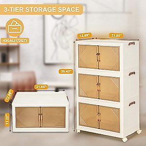 Linnerex 3-Tier Storage Bins with Lids, 58QT Stackable Storage Bins with Wheels, Closet Organizer and Storage, Plastic Large Collapsible Storage Containers for Home, Bedroom, Office Organization