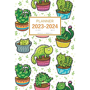 Planner 2023-2024: 6x9 Weekly and Monthly Organizer from June 2023 to May 2024 | Cute Flowerpot Cat Cactus Design White