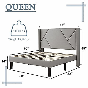 Feonase Queen Size Platform Bed Frame with Wingback, Geometric Upholstered Bed Frame with Fabric Headboard, Solid Wooden Slats, No Box Spring Needed, Easy Assembly, Noise-Free, Light Gray