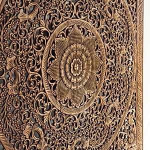 Queen Mandala Head Board Wood, Carve Wall Art Hanging, Reclaim Teak Medallion Panels, Weathered Brown Stain Finishing, 60 inches