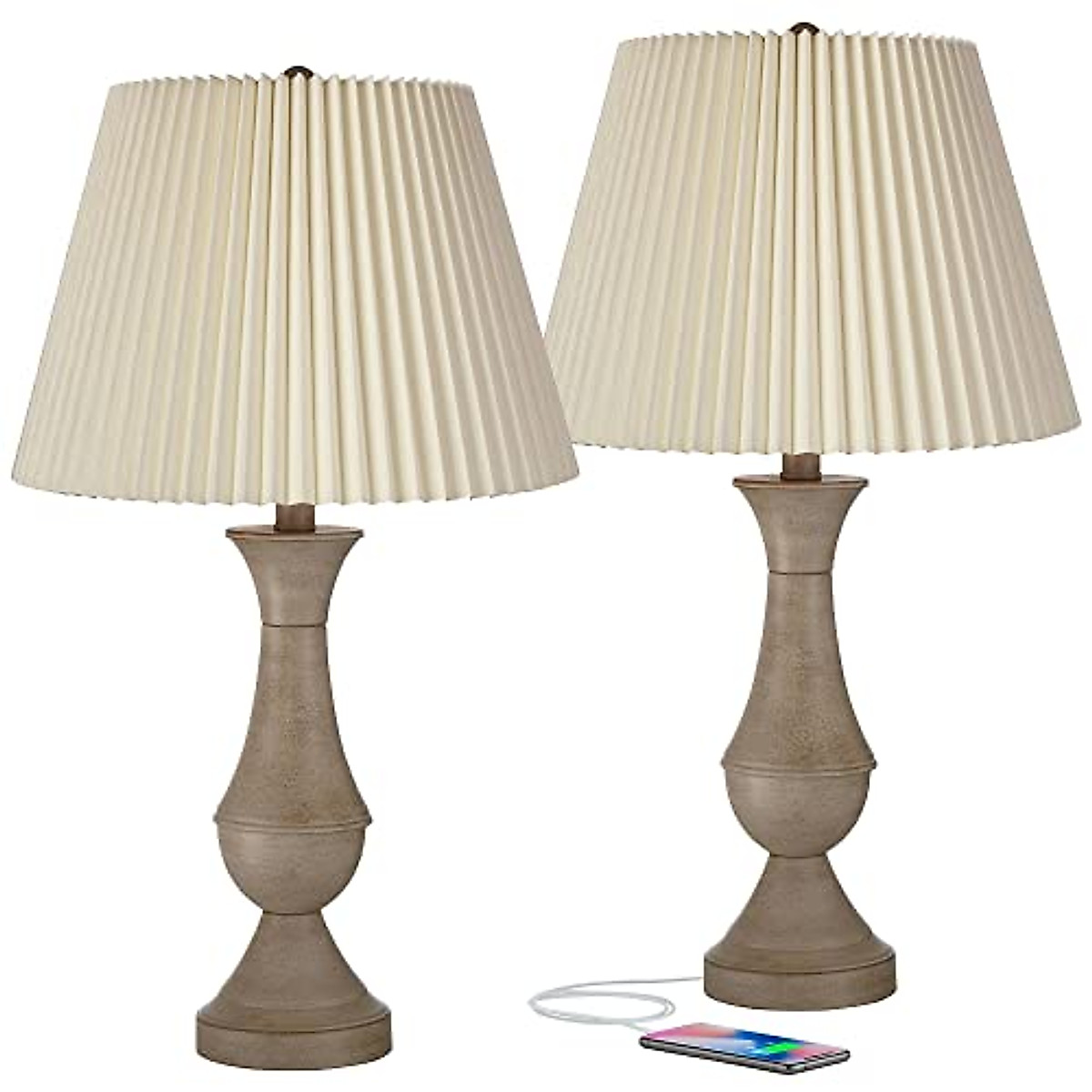 Regency Hill Avery Traditional Touch Table Lamps Set of 2 with USB Charging Port 25" High Faux Wood LED Ivory Linen Knife Pleat Shade for Bedroom Living Room Bedside Nightstand Desk Office