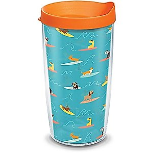 Tervis Surf Dogs Insulated Tumbler with Wrap and Orange Lid, 16oz, Clear