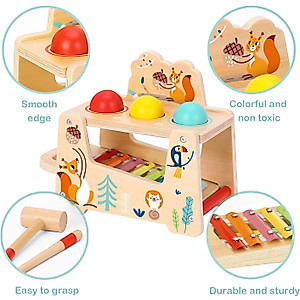 TOOKYLAND Pound a Ball Toy - 7pcs - Wooden Pounding and Hammering Bench with Xylophone; Educational Ball Drop Tap Game for Toddlers 1 Year Old +