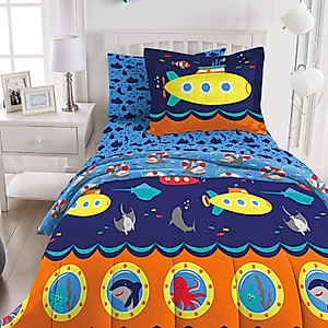 dream FACTORY Kids 5-Piece Complete Set Easy-Wash Super Soft Microfiber Comforter Bedding, Twin, Navy Submarine