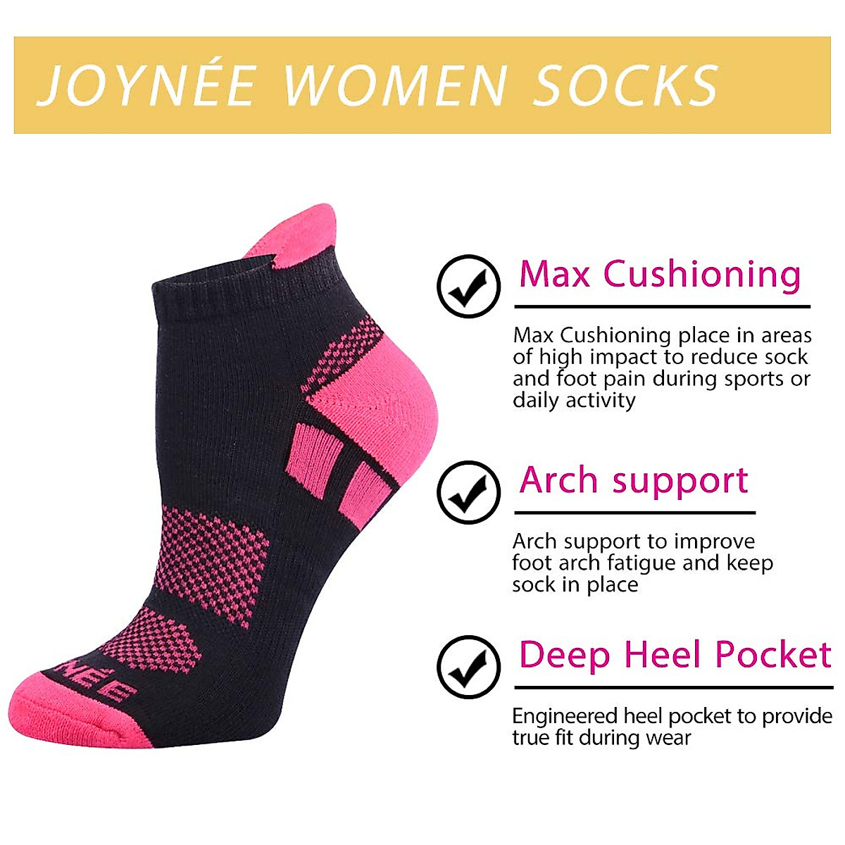 JOYNÉE 6 Pairs Women's Ankle Athletic Running Socks Performance Cushioned Low Cut Sports Socks with Heel Tab