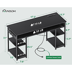 AODK 48 Inch Small Computer Desk with Power Outlets & Type-C, Writing Desk with Storage Shelves Headphone Hook, Student Laptop PC Desks for Small Spaces Home Office, Kids Desk, Black