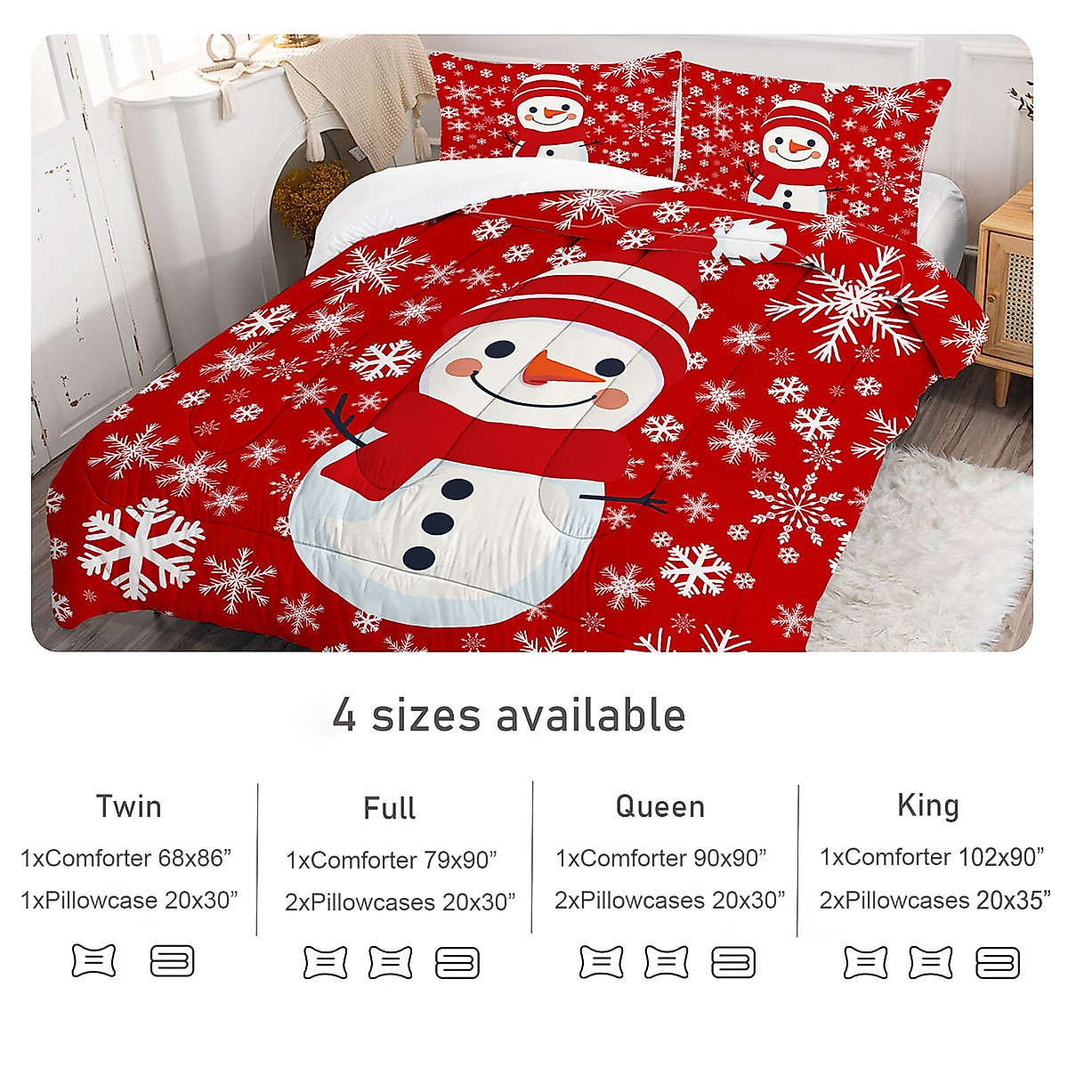 EDGZKO Comforter Set Christmas Snowman: Twin Size Kids Xmas Bedding Sets Red Snowflakes Quilt for Teens Girls Boys Christmas Decor Winter Snow Bed Set 1 Comforter & 1 Pillowcase