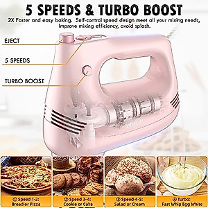GUALIU Electric Hand Mixer with Stainless Steel Egg Beater, Dough Hook Attachment and Storage Bag Compact Lightweight Hand Mixer for Baking Cakes, Eggs, Cream Food Mixers. Turbocharged /5 Speed + Eject Button Kitchen Blender PINK
