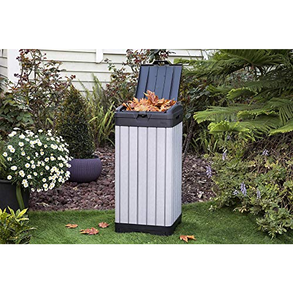 Keter Rockford Resin 38 Gallon Trash Can with Lid and Drip Tray for Easy Cleaning-Perfect for Patios, Kitchens, and Outdoor Entertaining, Grey