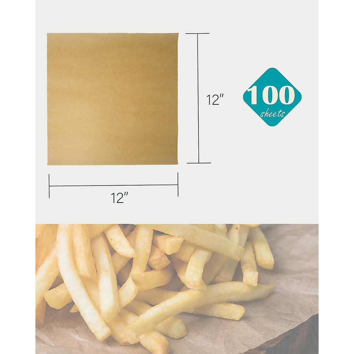 BakeChoice 12" x 12" Parchment Paper Square Kraft Deli Wrap Sheets (100 Pack) - Food Liners for Trays, Baskets - Ideal for Air fryer, Oven, Microwave, Restaurant Supplies for Sandwiches, Fried Snacks