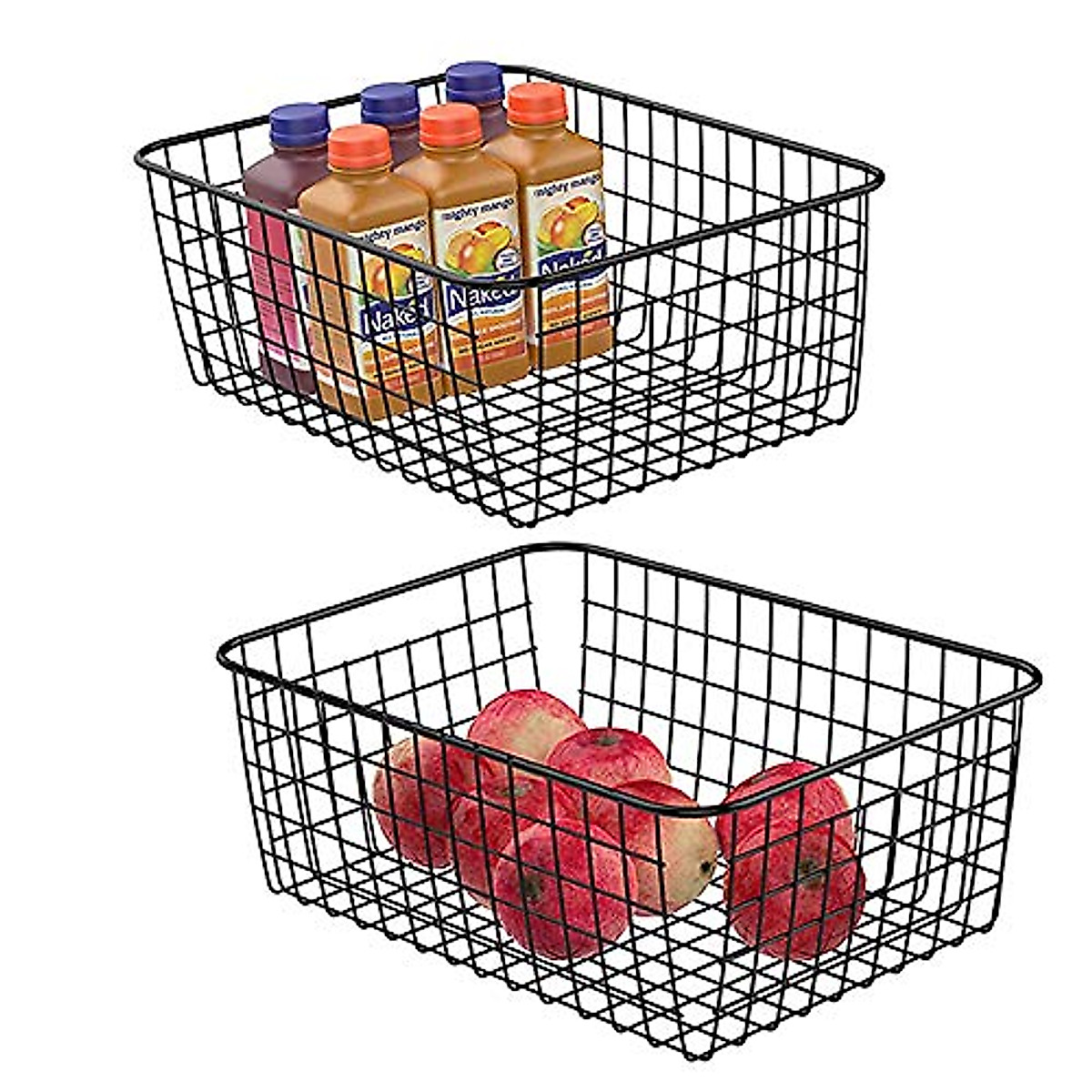 HDYOUDO Metal Wire Food Storage Basket Organizer with Wooden Handles for Organizing Kitchen Cabinets, 2 Packs-Black-large
