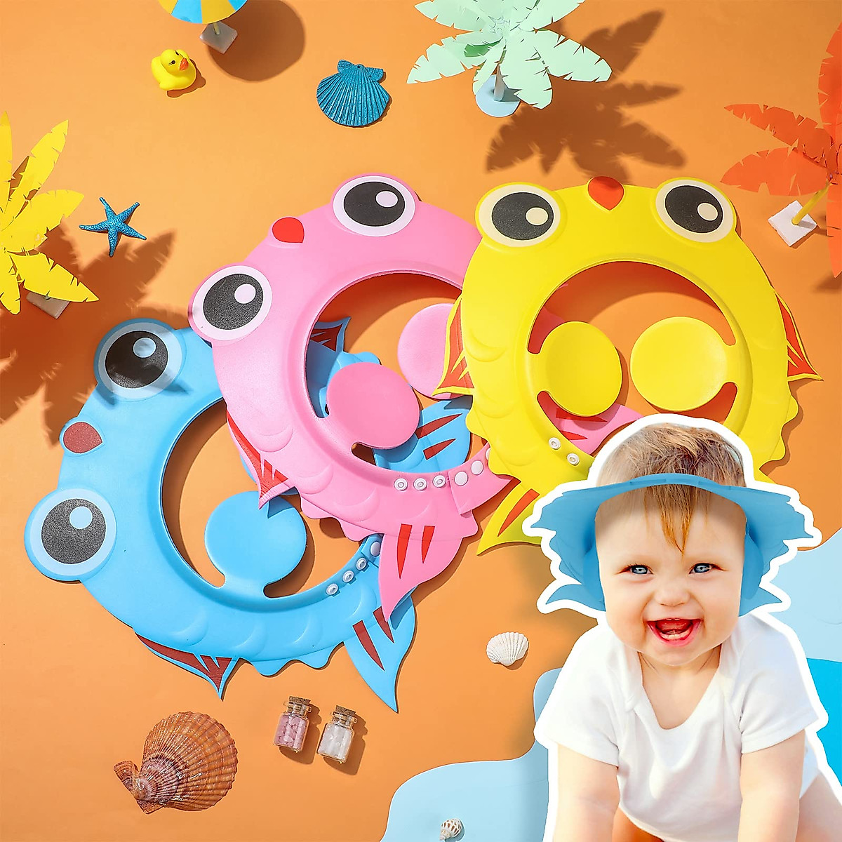 3 Pieces Cartoon Baby Shower Cap Adjustable Cute Goldfish Bathing Hat Infants Soft Protection Hat Safety Visor Cap Waterproof Shampoo Cap for Children Toddler Girls Boys Preserve Ears Eyes