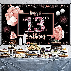 Happy 13th Birthday Banner Backdrop Decorations for Girls, Rose Gold 13 Birthday Sign Poster Party Supplies, Sweet 13 Year Old Teenager Birthday Photo Background Decor for Outdoor Indoor