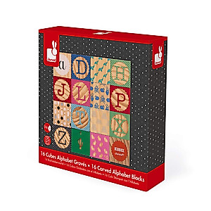 Janod Kubix 16 Wooden Alphabet and Numbers Blocks - Ages 2+ - J08078