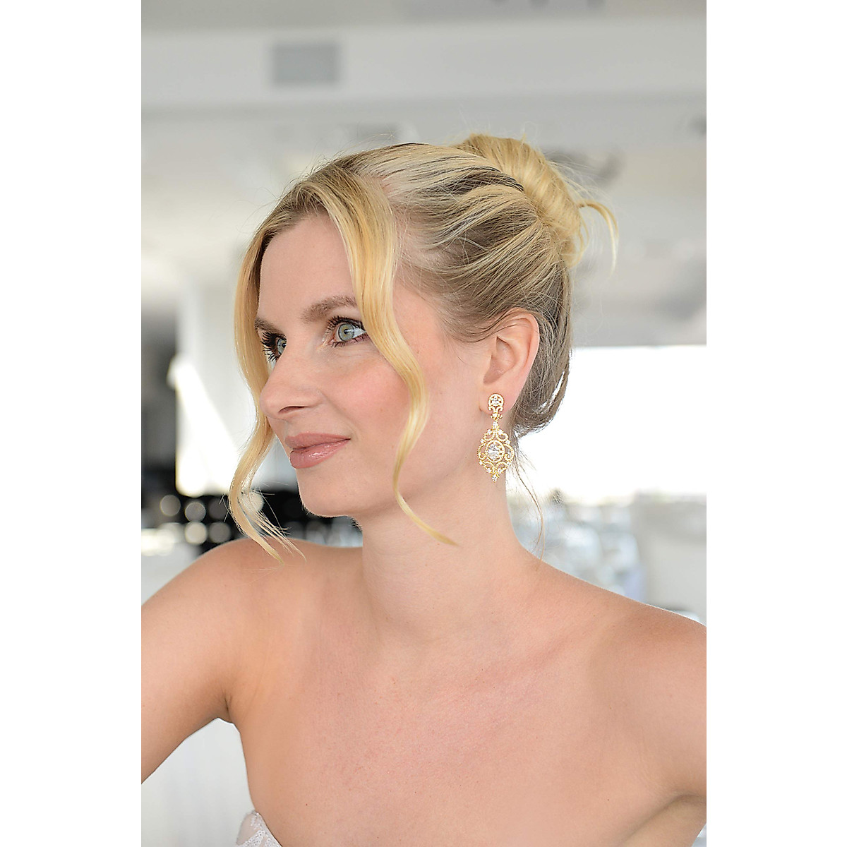 Mariell 14K Gold Plated Clip-On Earrings Cubic Zirconia Wedding or Evening Victorian Scroll Chandelier