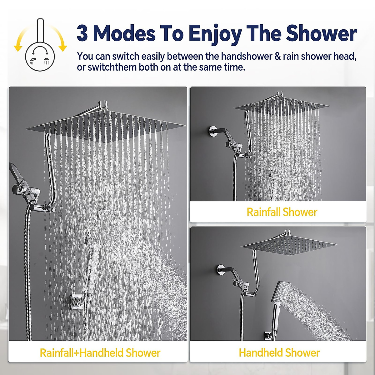 YDmeet 12 Inch Shower Head with Handheld Spray Combo- Rain Shower Head with Handheld- Stainless Steel Height Adjustable 12" Extension Arm with 3 Setting Diverter Extra Long Shower Hose- Chrome