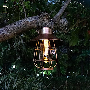 Solar Light Outdoor, 2 Pack Retro Metal Wireless Hanging Solar Lanterns with Warm White Edison Bulb Waterproof for Gazebo Garden Yard Farmhouse Decor (Bronze)