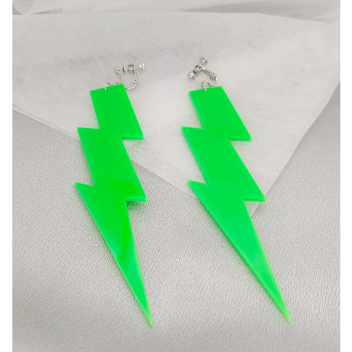 3 Pairs 80S Neon Earrings Earrings Exaggerate Punk Lightning Bolt Clip on Earrings Halloween 1980s Party Non Pierced Clip Earrings for Women (rose red+green+yellow)