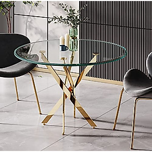 36" Round Dining Table for 4, Glass Kitchen & Dining Room Tables, Modern Circle Dining Room Table with 0.39" Tempered Glass Tabletop and Cross Stainless Steel Legs for Dinner Small Spaces