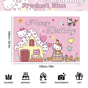 Kawaii Kitty Birthday Party Supplies, Happy Birthday Backdrop for Kawaii Theme Party, 5 x 3 FT Cute Kitty Photography Background Banner for Girls Boys Birthday Party Decorations