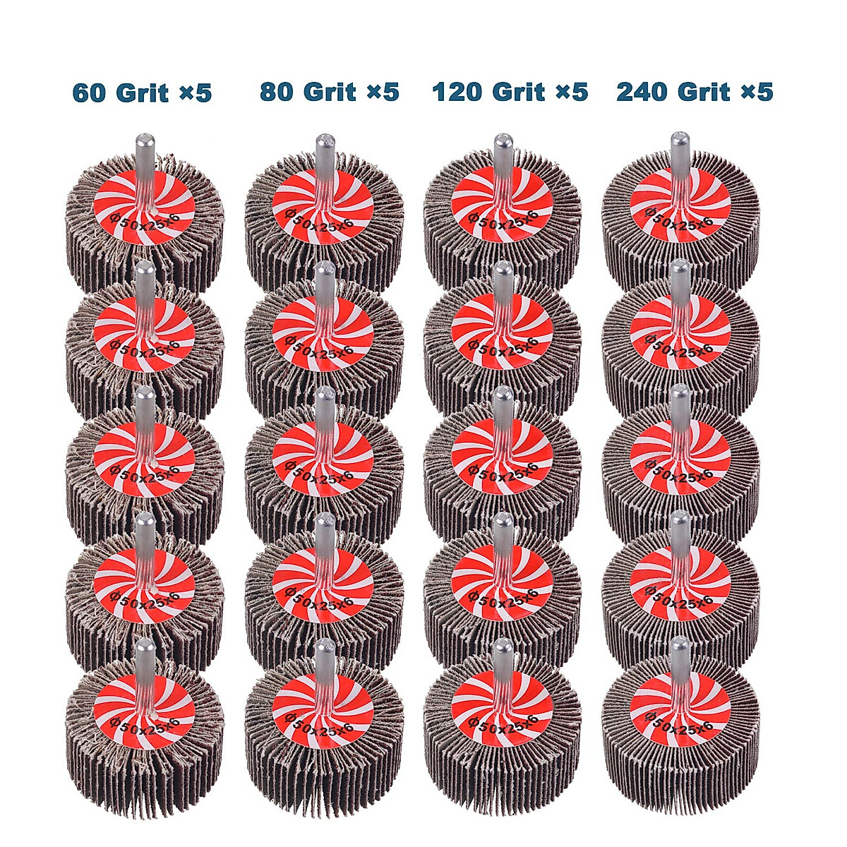 20 Pack Abrasive Flap Wheel Sander Set, Mixflor 2”X 1” X1/4” Shank Flap Wheels–5 Pcs of Each 60 80 120 and 240 Grits Aluminum Oxide Flap Wheel Sander for Drill