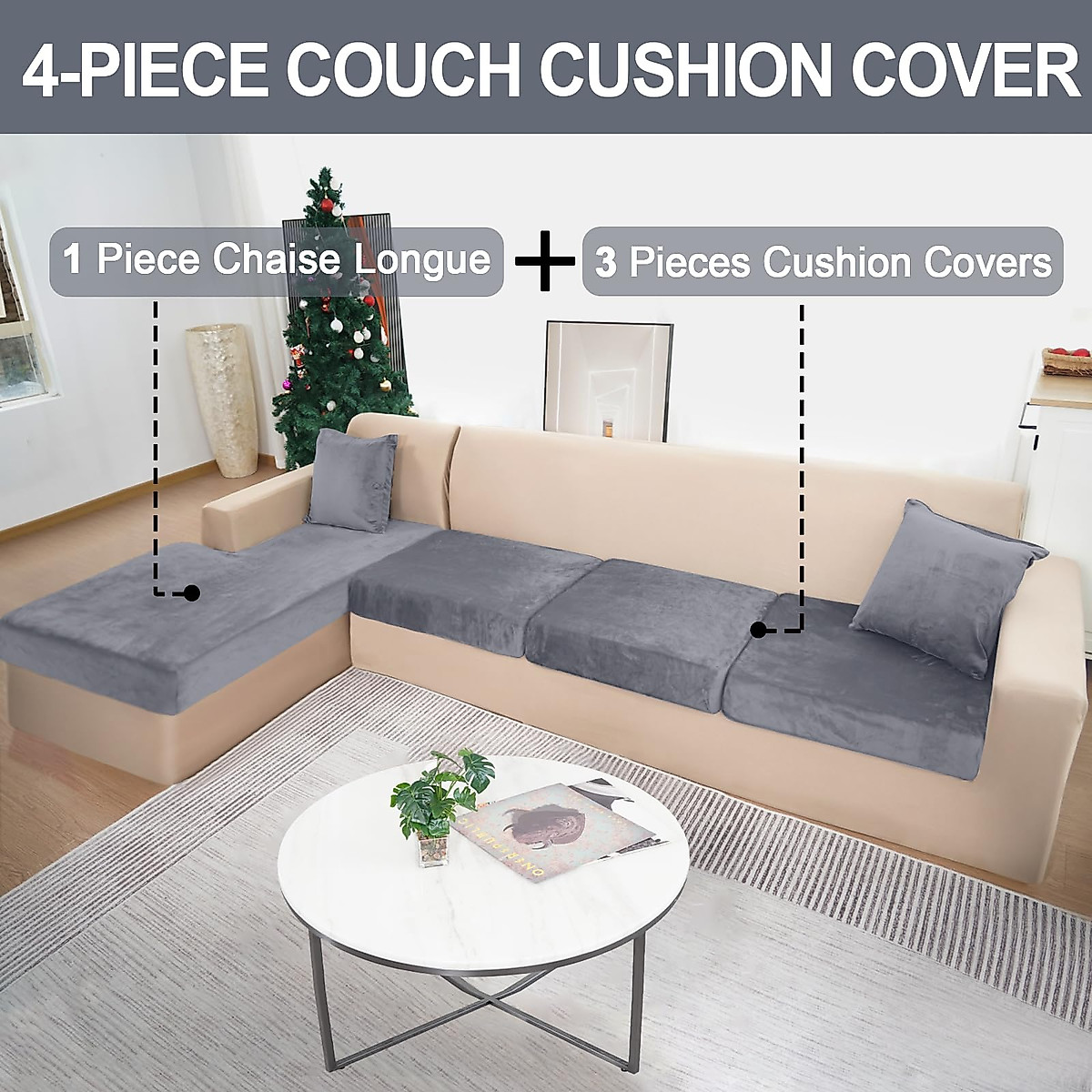 BT.WA Sectional Couch Covers for 4-Piece Seat Cushion Velvet Separate L Shape Couch Cover Stretch Sofa Slipcover with 2 Pieces Pillowcases Furniture Protector (Sofa 3 Seater + 1 Chaise, Dark Grey)
