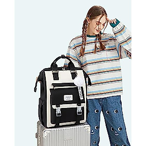 LOVEVOOK Laptop Backpack for Women,15.6 Inch College Backpack,Light Weight Travel Backpack Waterproof Casual Daypack Computer Backpack fits Travel Work Casual（15.6 inch,Black&Beige）