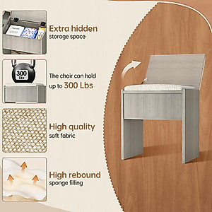 Greenvelly Makeup Vanity Table with Lighted Mirror, Grey Vanity Desk with 3 Lighting Modes and Stool Set, Dressing Table with Drawers, Vanity Desk for Women and Girls' Bedroom