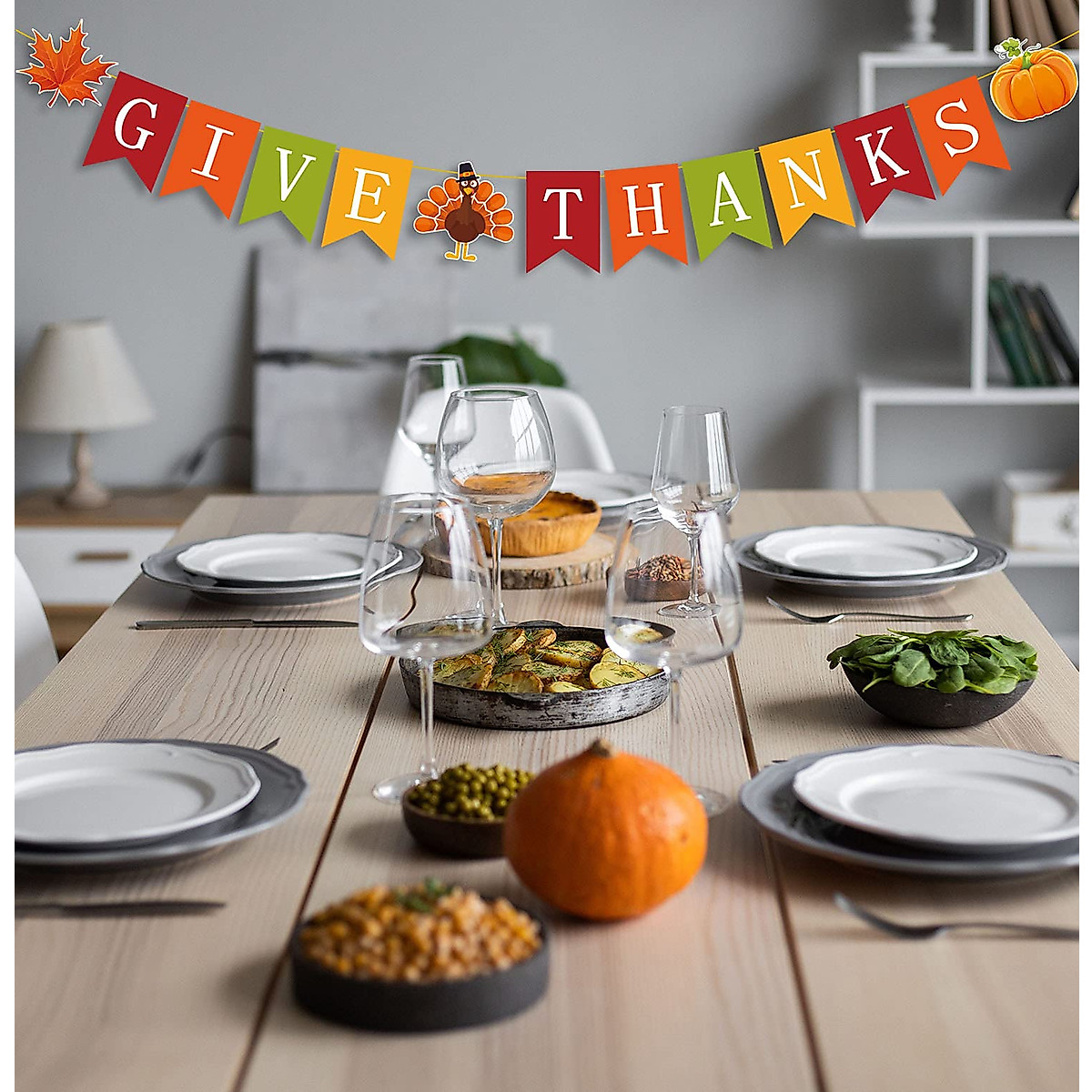 PTFNY Give Thanks Banner Thanksgiving Bunting Banner Garland with Maple Leaves Turkey and Pumpkin Signs Give Thanks Banner for Fall Thanksgiving Day Party Decorations Friendsgiving Home Party Supplies