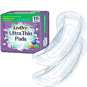 LivDry Incontinence Ultra Thin Pads for Women | Leak Protection and Odor Control | Extra Absorbent (Moderate 16-Count)