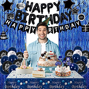 Blue Black Happy Birthday Decorations for Men Women Boys, Happy Birthday Banner, Fringe Curtain, Beer Balloons, Tablecloth, Hanging Swirls for 13th 16th 18th 21st 30th 40th 50th 60th Party Supplies
