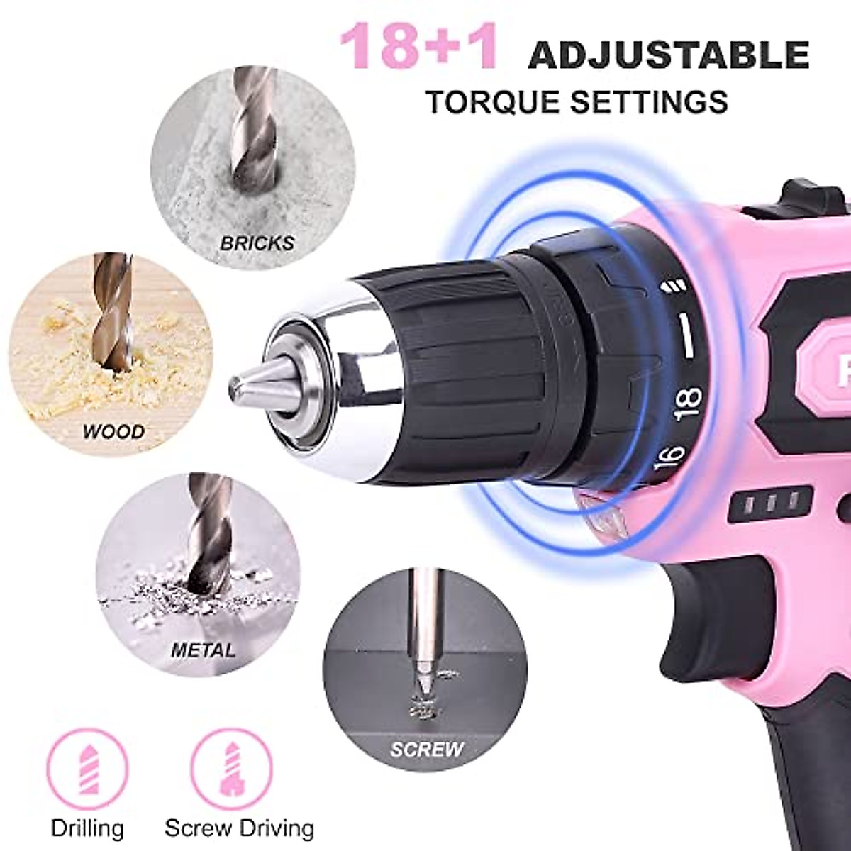 FASTPRO 175-Piece 12V Pink Drill Set, Cordless Lithium-ion Driver and Tool Kit, House Repairing Tool with 12-Inch Storage Bag, For DIY, Home Maintenance.