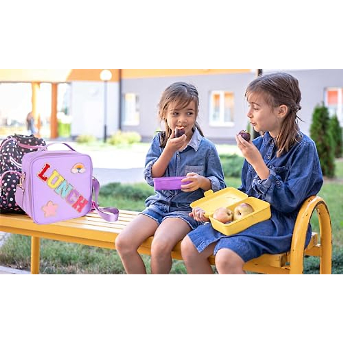 HASOIY Personalized Colorful Letter Patch Insulated Lunch Bag Custom Glitter Varsity Letters Reusable Lunchbox For Kids (purple)