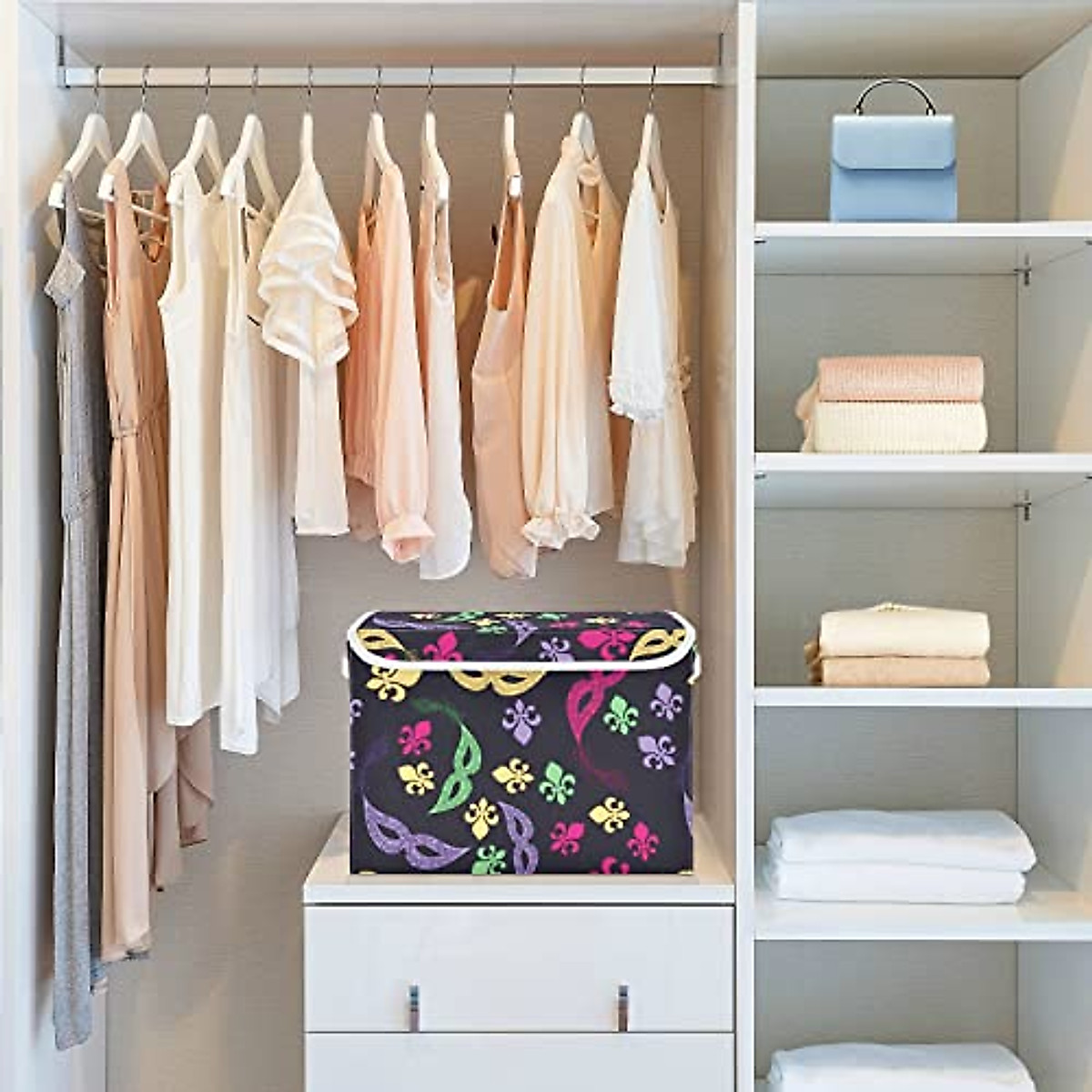 DOMIKING Mardi Gras Large Storage Bin with Lid Collapsible Shelf Baskets Box with Handles Toys Organizer for Bedroom Living Room Kid's Room