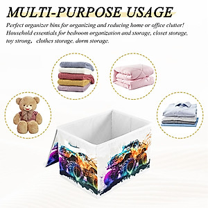 Vnurnrn Storage Bin with Lid Collapsible Rainbow Monster Truck Print, Large Capacity Foldable Storage Basket Cube for Clothes Toys 16.5×12.6×11.8 IN