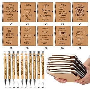 Kosiz 100 Pcs/ 50 Set Easter Christian Gift Bulk A5 Spiral Notebook Scripture Prayer Journal Bible Verse Ballpoint Pen Mothers Day Religious Party Gift Notepad for Women Men Church Sunday School (Brown)