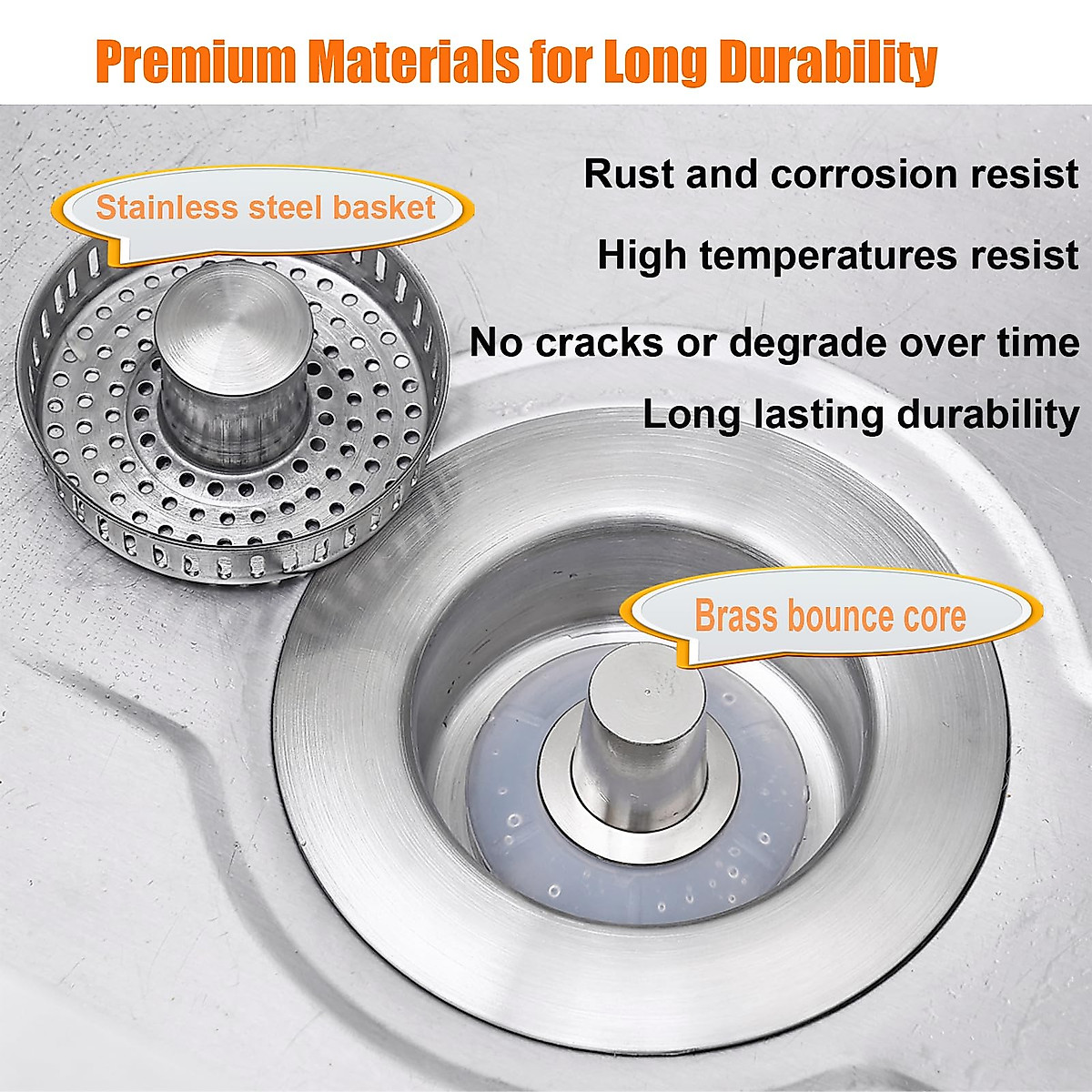 Kitchen Sink Drain Strainer and Sink Stopper(3 in 1), Upgraded Stainless Steel Drain Basket/Brass Pop-Up Bounce Core/Double Seal Sink Drain Stopper, Replacement for Standard 3-1/2 inch Drain